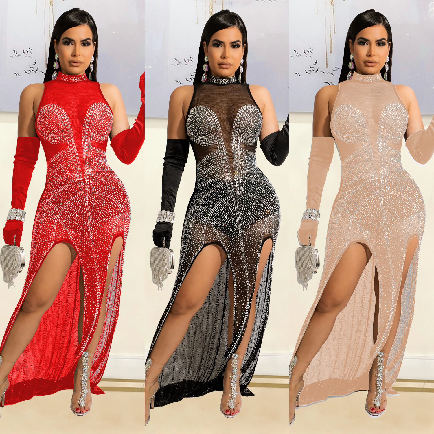 Mesh Hot Drilling See-through Dress Women - CJdropshipping