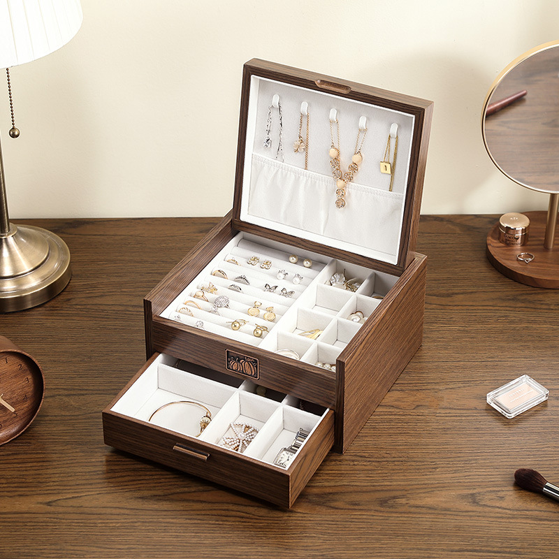 Walnut Wooden Double Drawer Jewelry Box - CJdropshipping